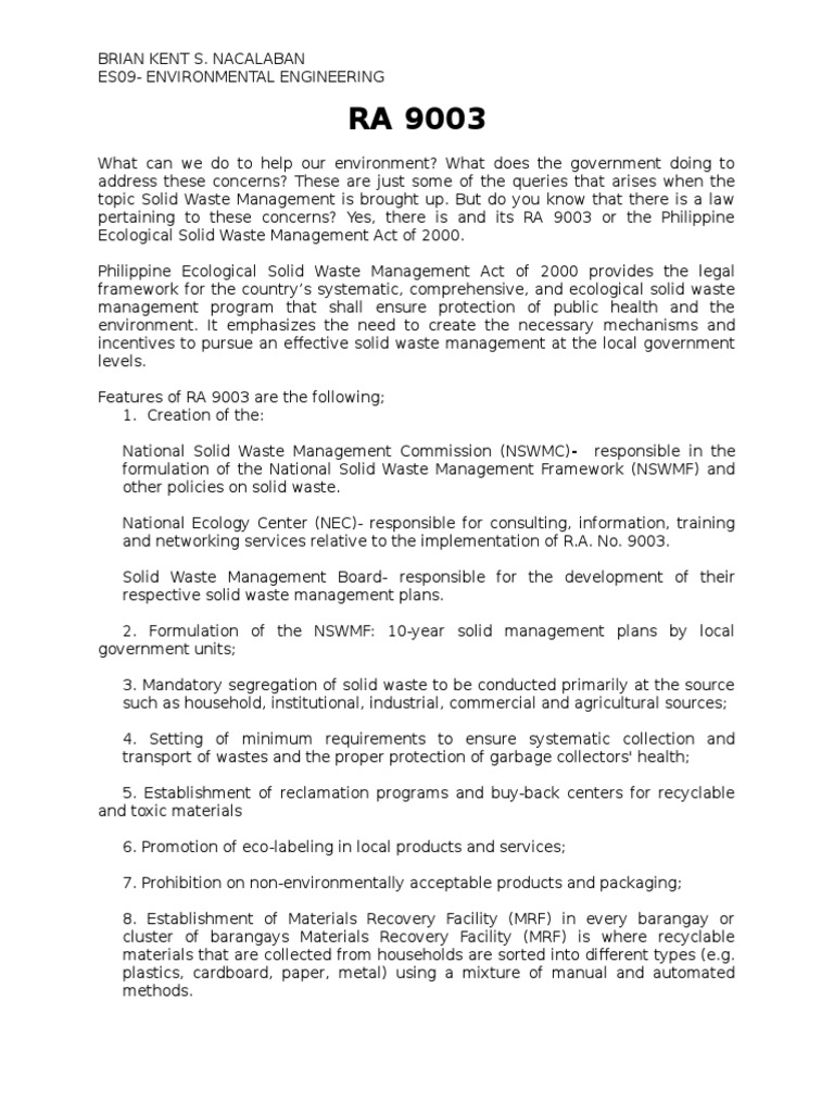 Republic Act 9003 | PDF