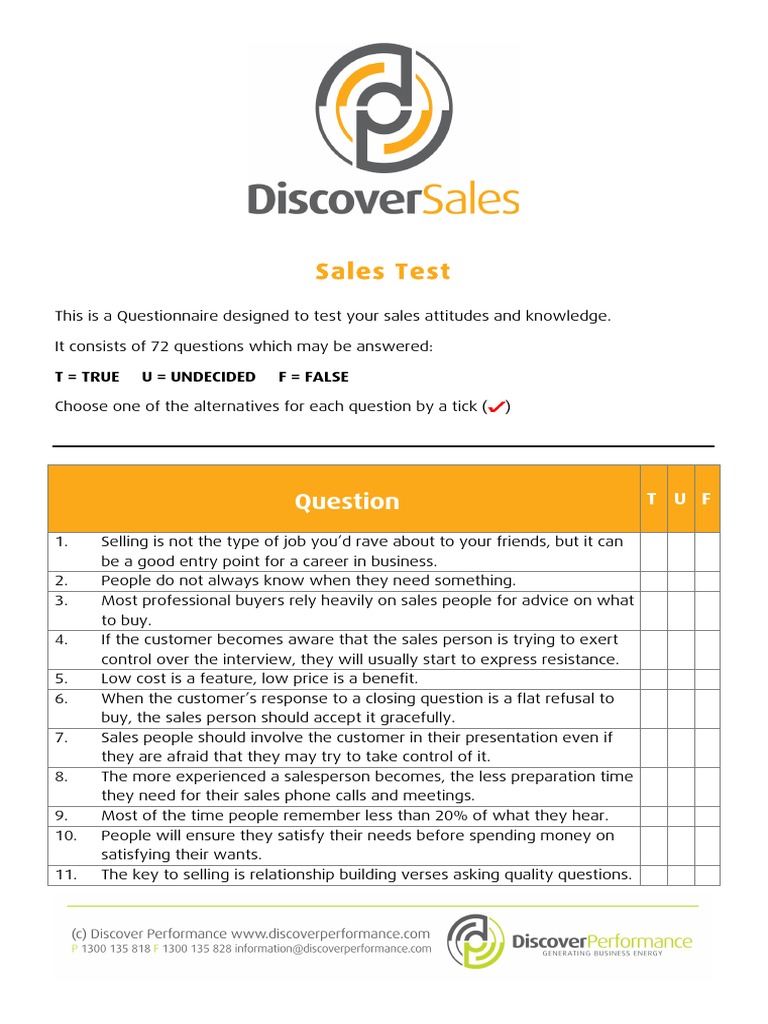 Sales Test Questionnaire | PDF | Sales | Psychological Concepts