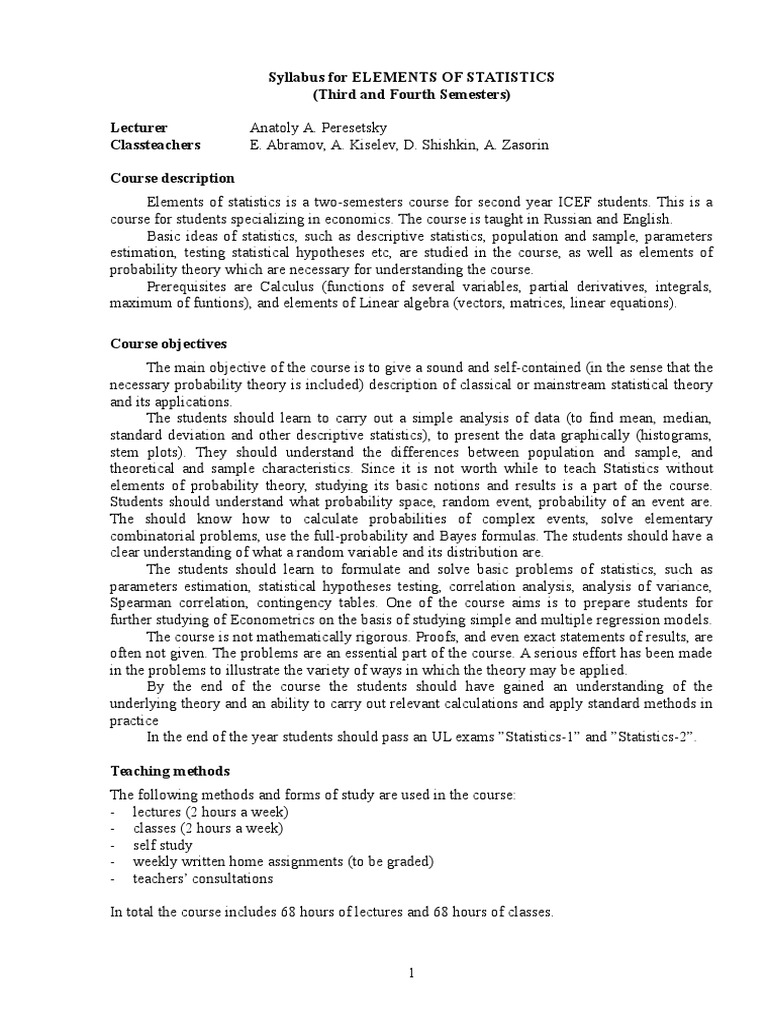 Elements of Statistics Syllabus | PDF | Mean | Variance