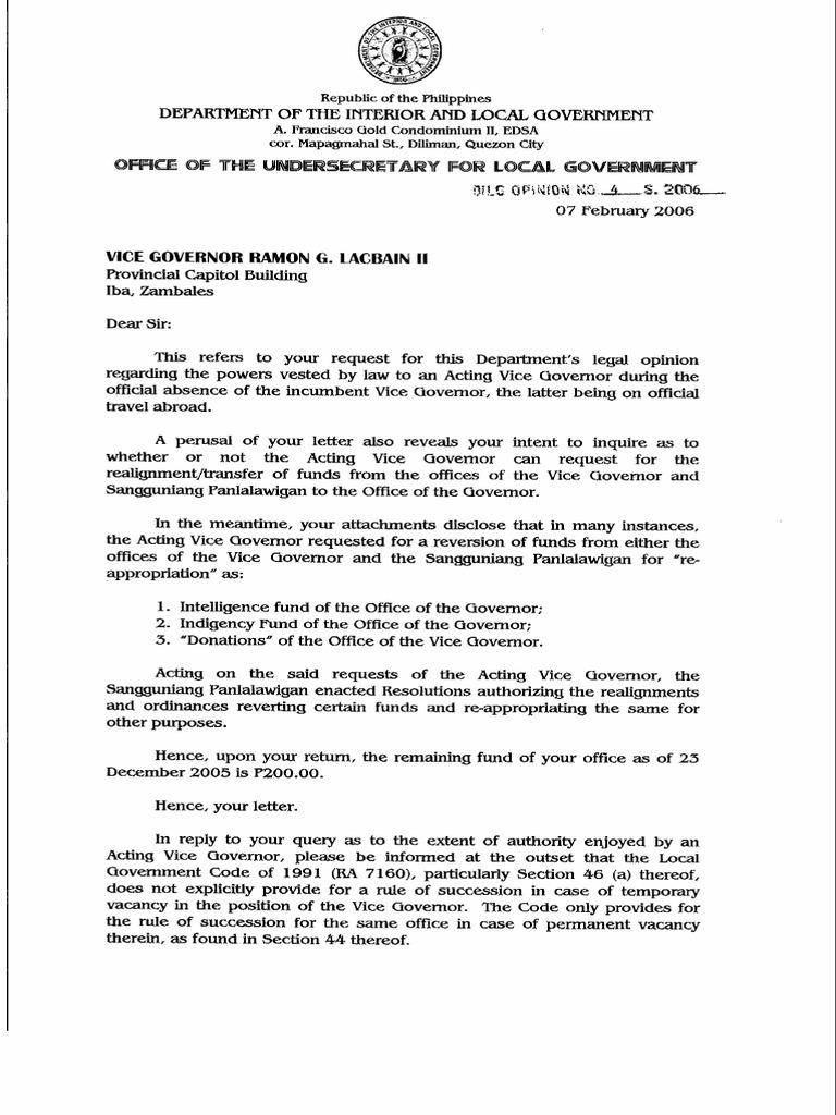 Lgu Advice Re Realignment of Funds, Acting VG | PDF