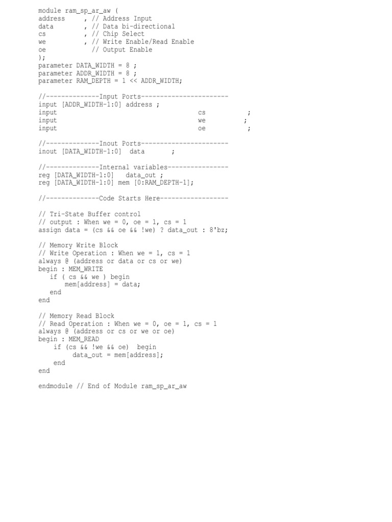 Single Port Ram Verilog Read Write | PDF
