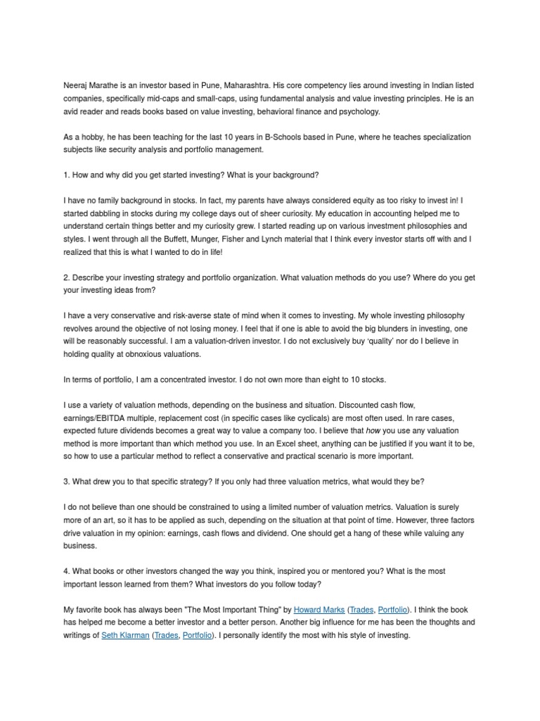 Professor Interview | PDF | Valuation (Finance) | Investing