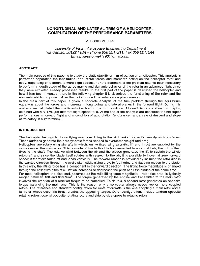 Helicopter Trim Analysis and Performance | PDF | Helicopter Rotor ...