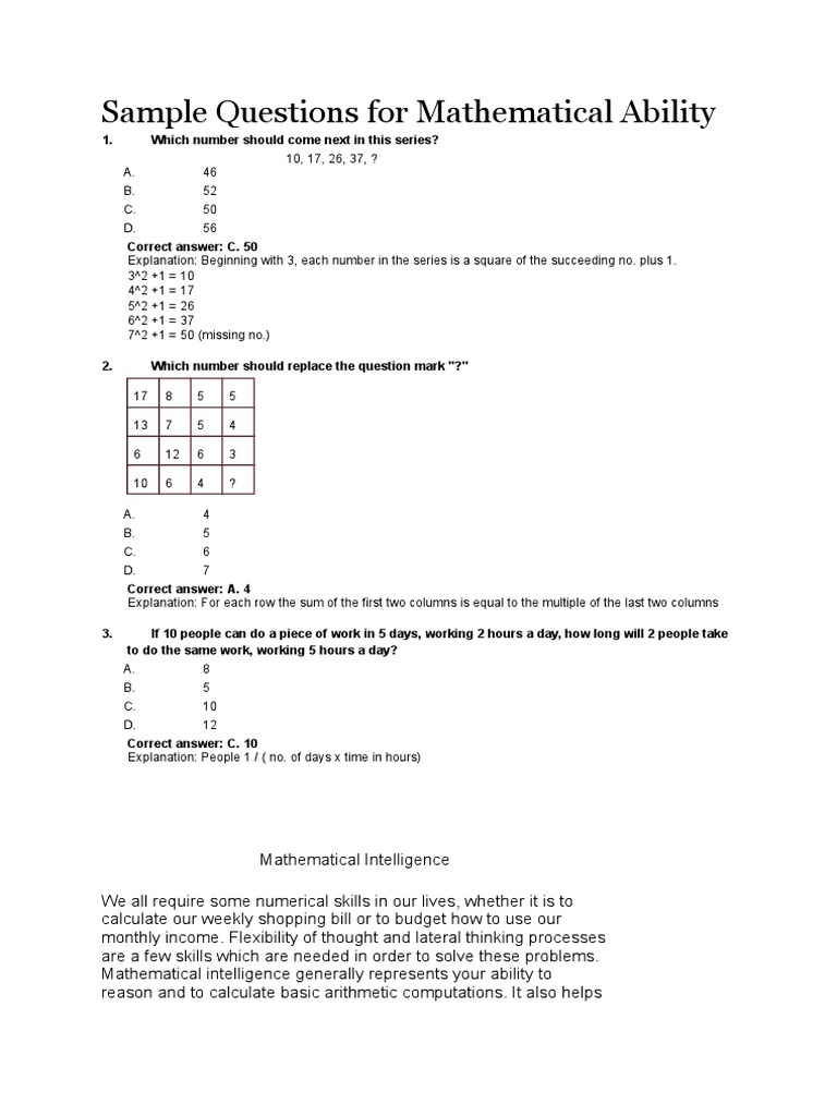 Mathematical Ability Test Questions | PDF | Arithmetic | Teaching ...