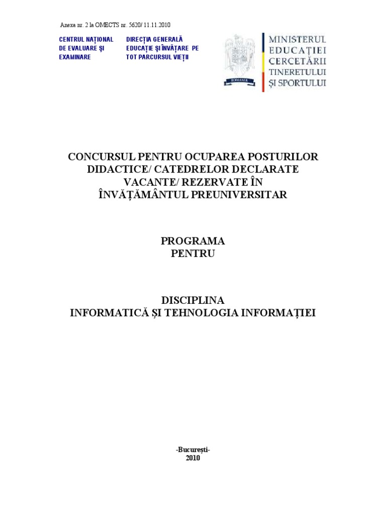 Informatica Si Tehnologia Informatiei Programa Titularizare P PDF | PDF
