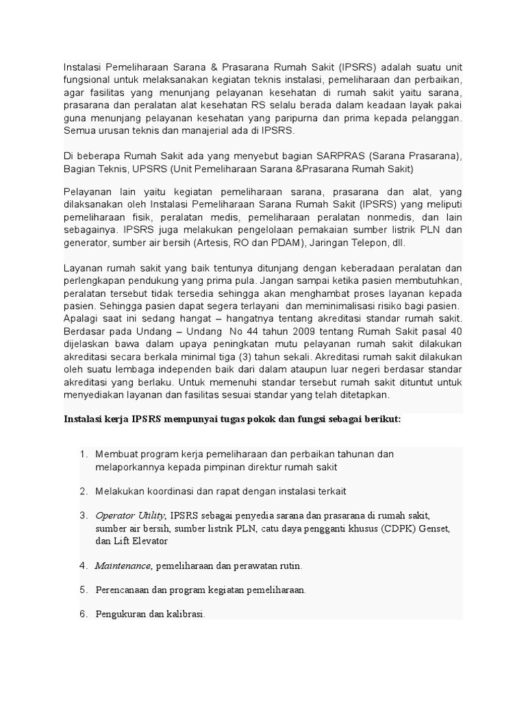 Pemeliharaan Sarana Rumah Sakit IPSRS | PDF