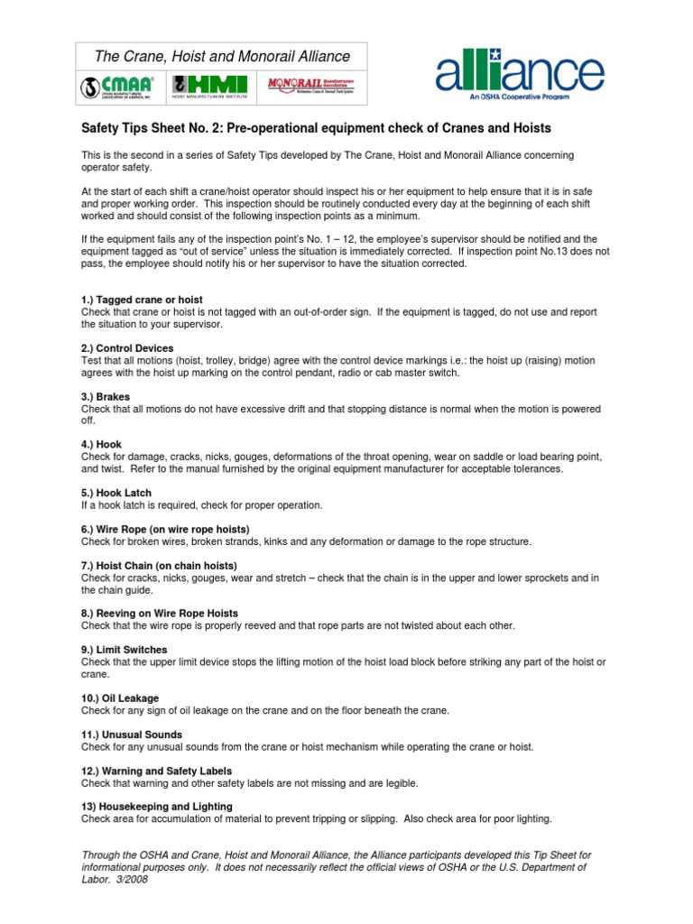 The Crane, Hoist and Monorail Alliance: Safety Tips Sheet No. 2: Pre ...