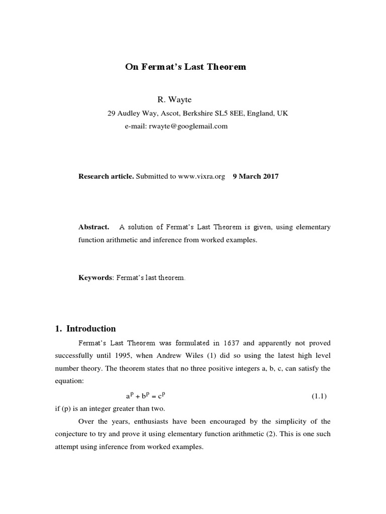 On Fermat's Last Theorem | PDF | Fermat's Last Theorem | Mathematical Proof