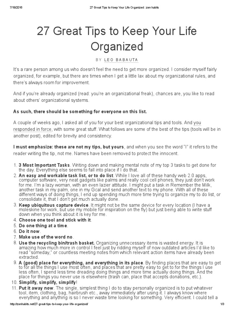 27 Great Tips To Keep Your Life Organized - Zen Habits | PDF | Time ...