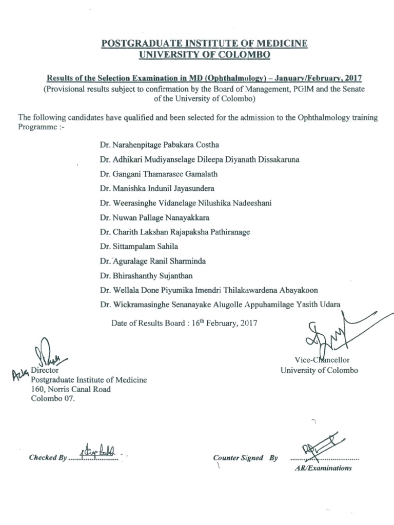 List of Candidates Selected for Admission to the Ophthalmology Training ...