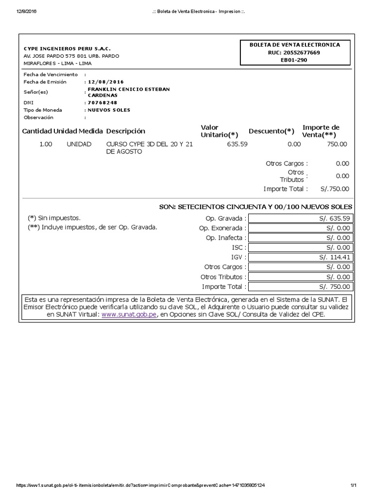 Boleta de Venta Electronica - Impresion | PDF | Notas (finanzas) | Moneda