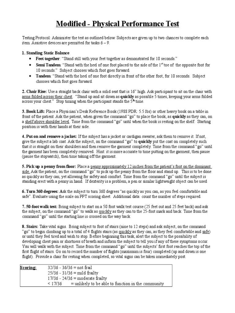 Physical Performance Test Modified | PDF | Chair | Stairs