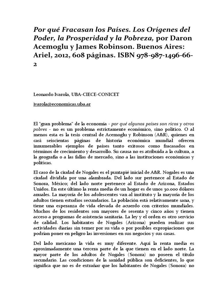 Por qué Fracasan los Países. Los Orígenes del Poder, la Prosperidad y la Pobreza, por Daron ...