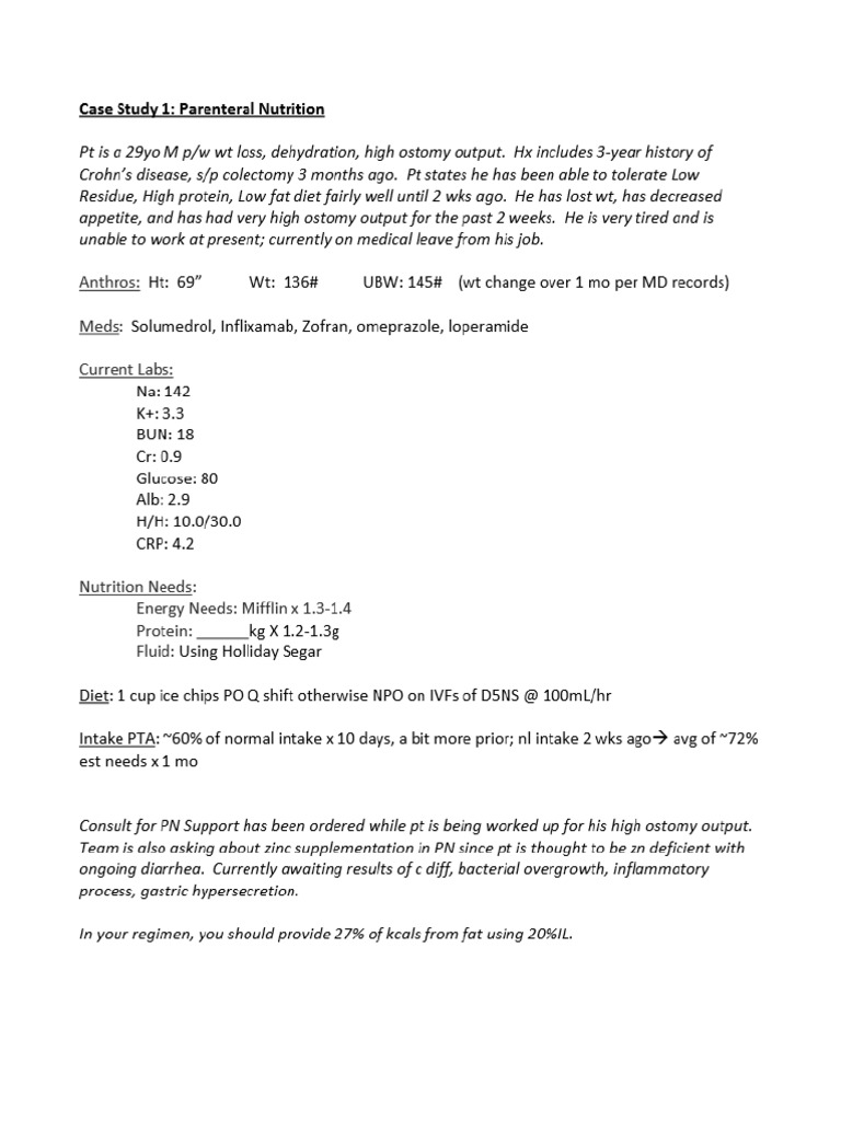 Parenteral Nutrition Case Study | PDF | Calorie | Malnutrition