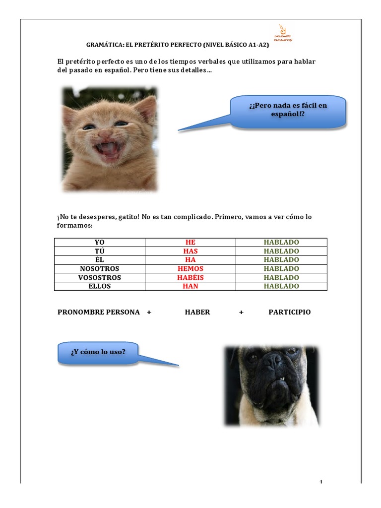 Gramatica El Preterito Perfecto Nivel Basico A1 A2 PDF | PDF | Verbo ...