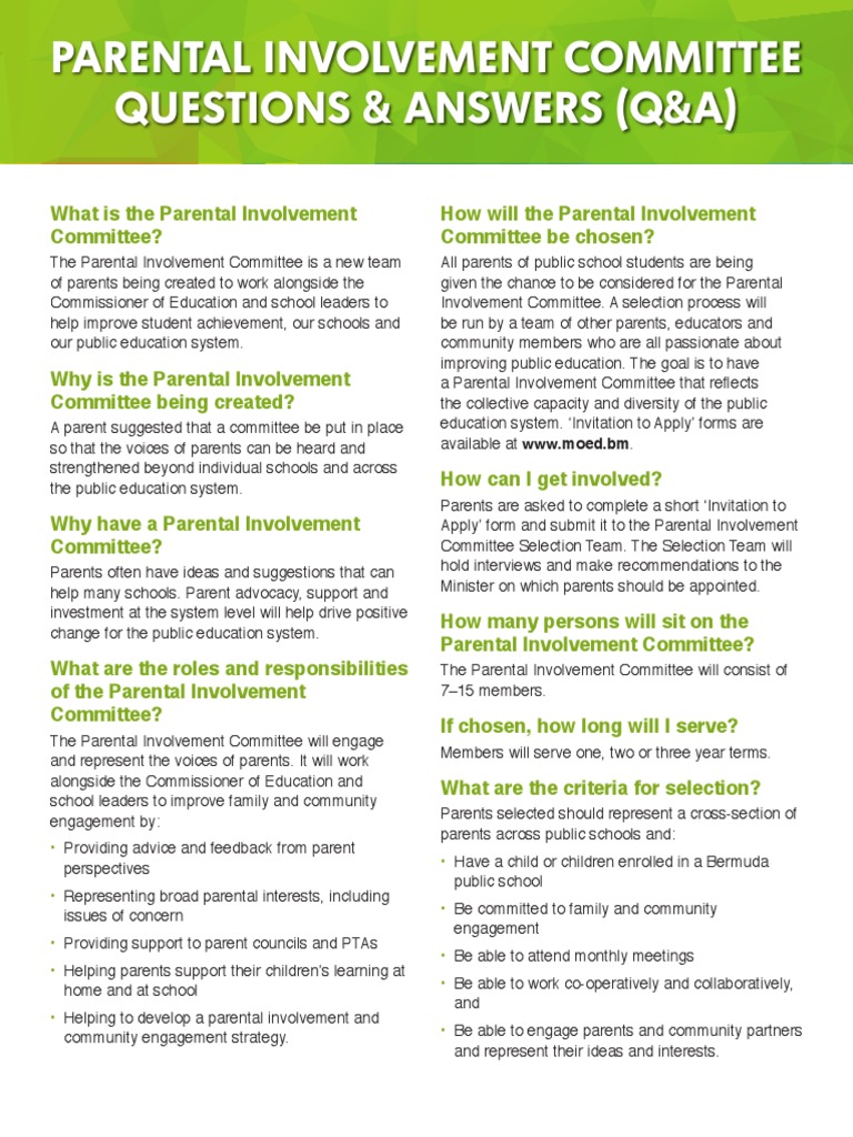 Parental Involvement Committee Questions & Answers (Q&A) | PDF