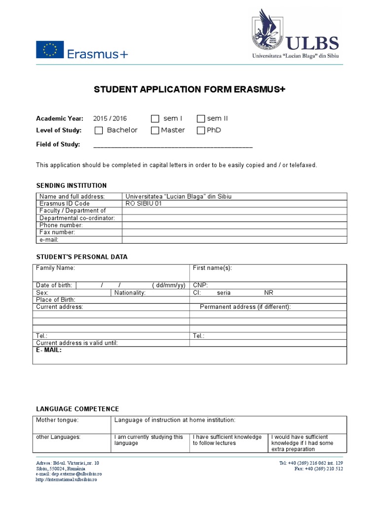 Student Application Form Outgoing 2015 - 2016 | PDF | Academic Degree ...