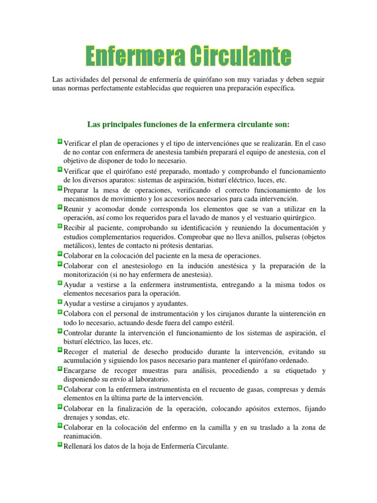 Funciones y responsabilidades de la enfermera instrumentista y circulante en quirófano | PDF ...