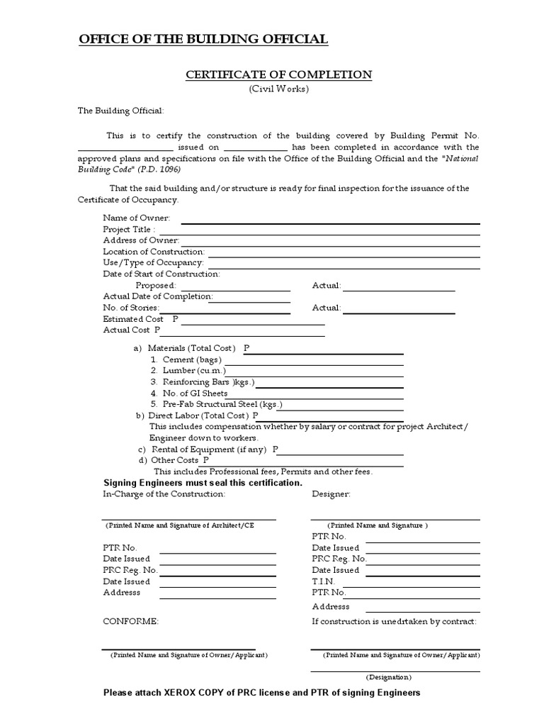 Certificate of Completion(Civil Works) | Architect | Industries