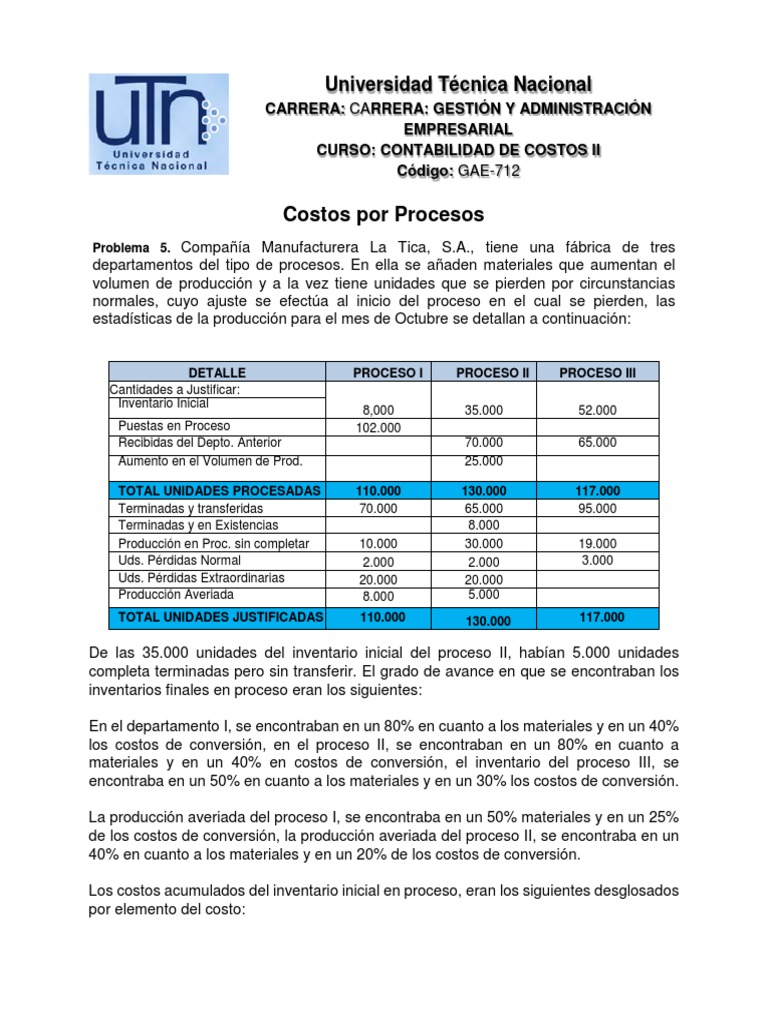 Ejercicio Resuelto La Tica, Costos Por Procesos | PDF | Costo | Inventario
