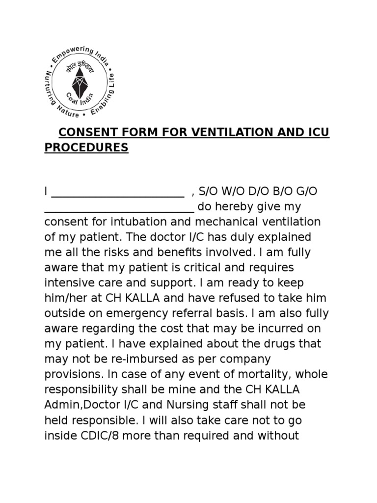 Consent Form For Ventilation and Icu Procedures