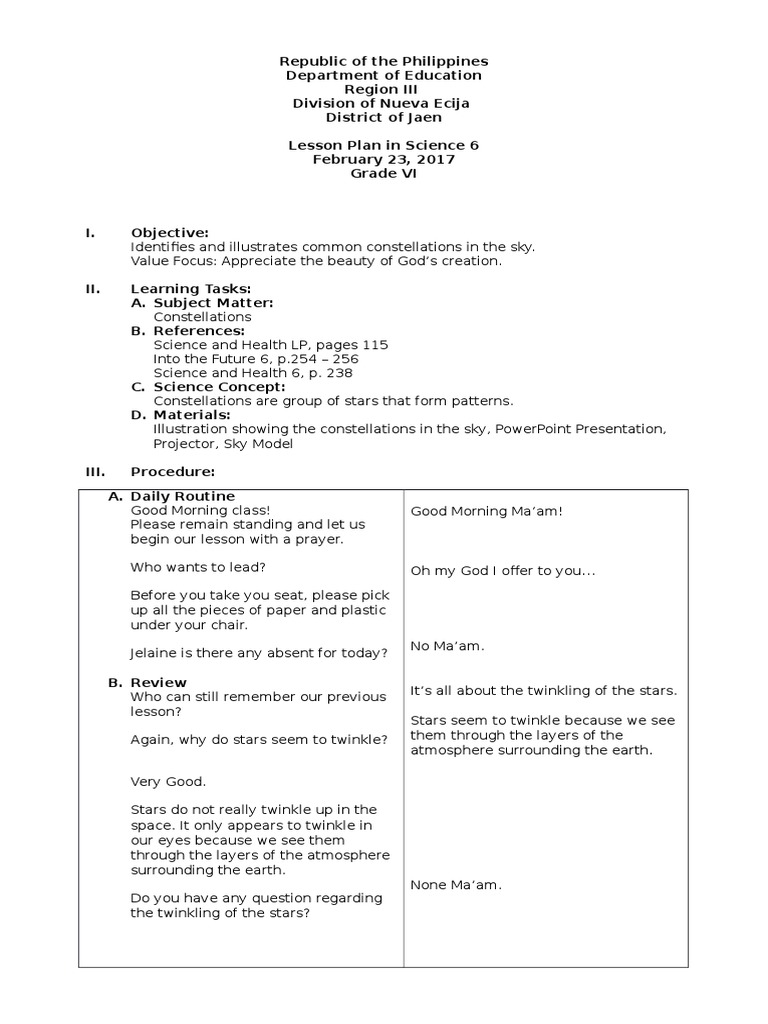Grade 6 Constellation Lesson Plan | PDF | Sky Regions | Astronomical ...