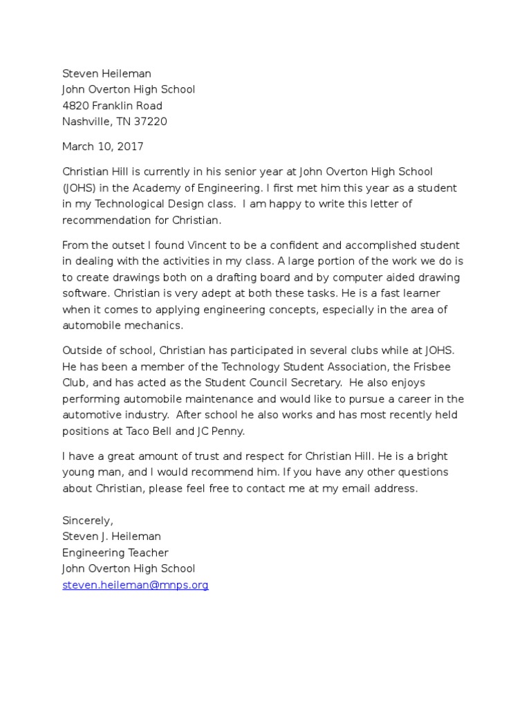 Christian Hill Capstone Recommendation Letter | PDF