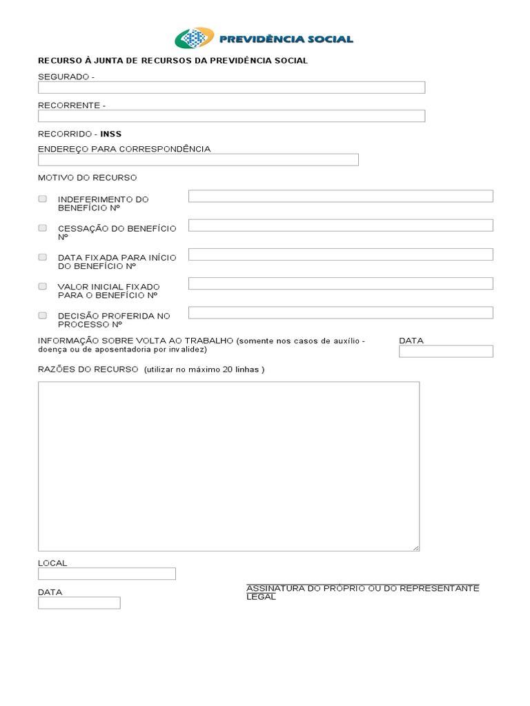 INSS - Recurso Pedido Beneficio - Formulario | PDF