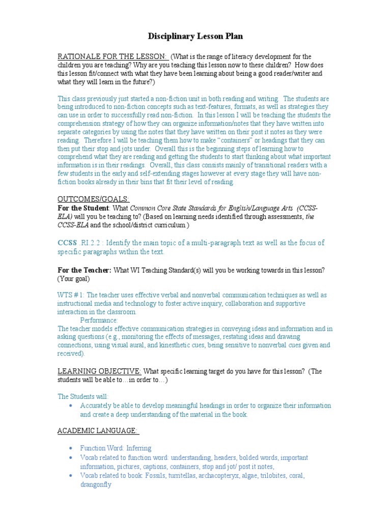 Disciplinary Lesson Plan: Rationale For The Lesson | PDF | Reading ...