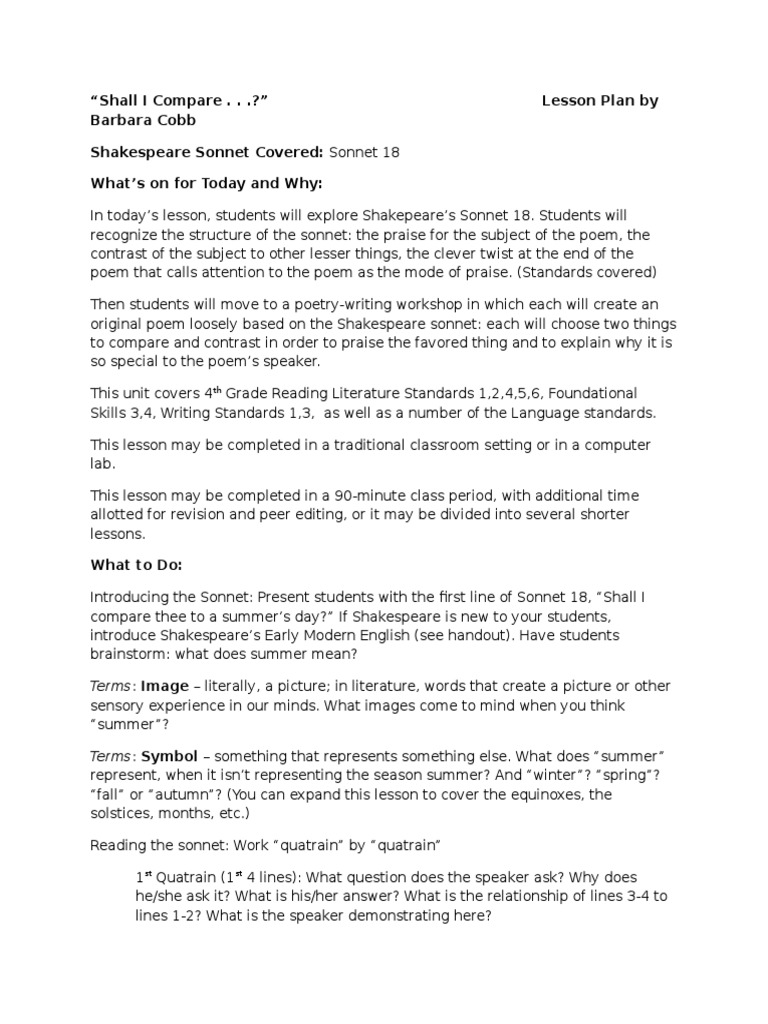 Sonnet 18 4th Grade Lesson Plan | PDF | Poetry | William Shakespeare