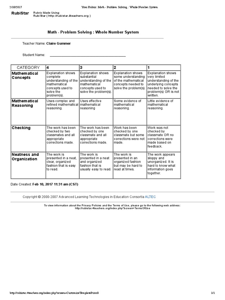 Edel450 Rubric - Math - Whole Number System | PDF | Teaching ...
