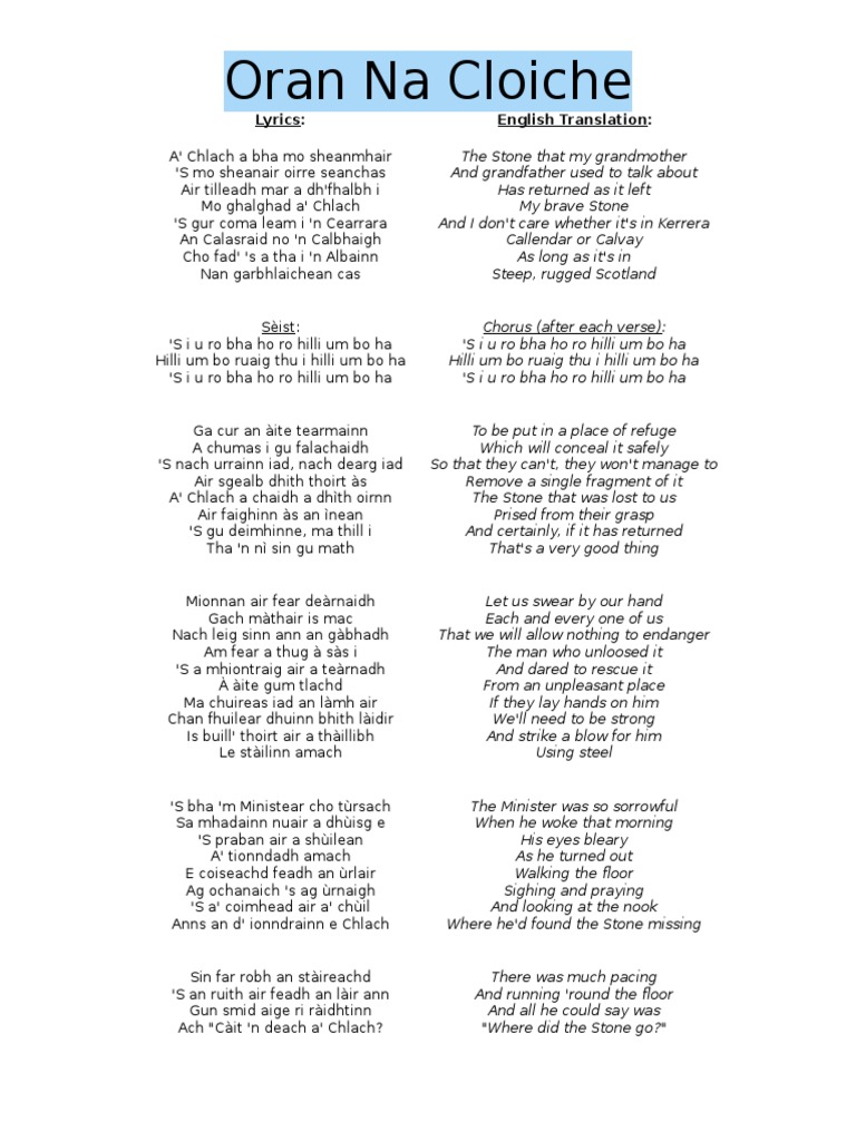Oran Na Cloiche: Lyrics & Translation | PDF