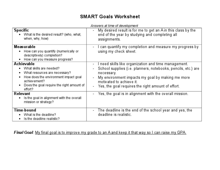 Smart Goals Worksheet 7 | PDF
