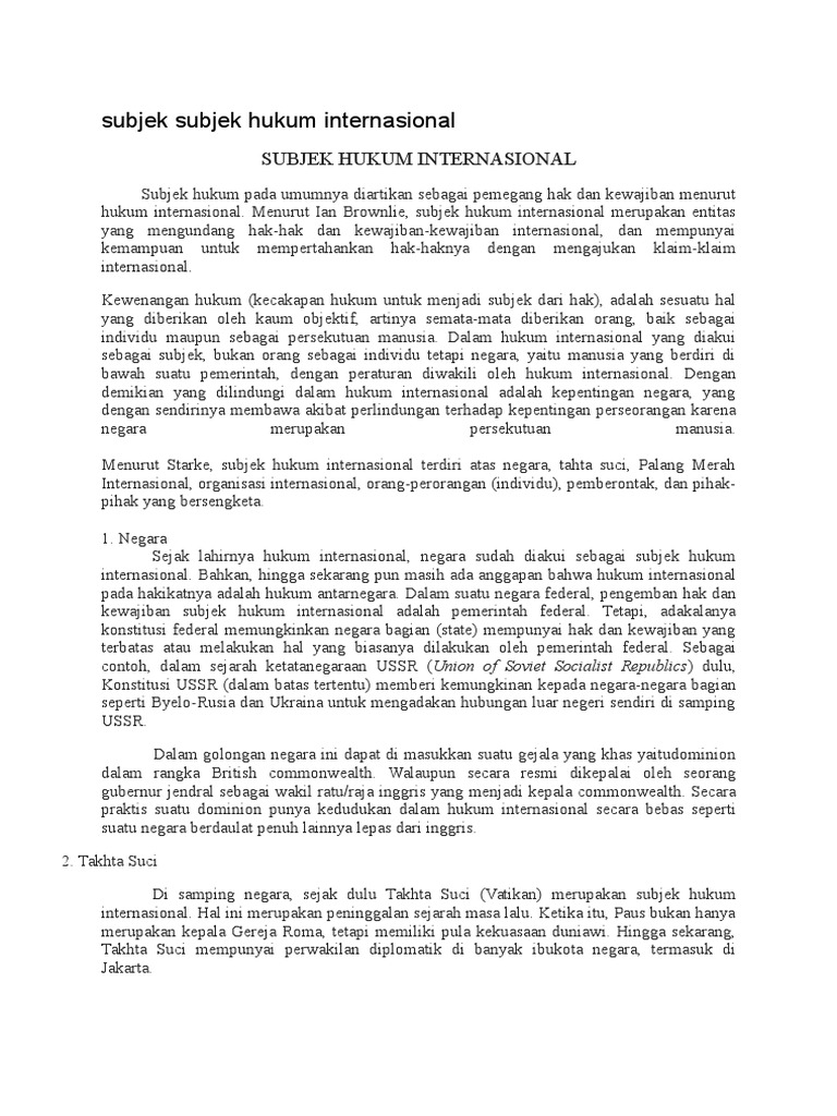 Subjek Hukum Internasional dan Kategorinya | PDF