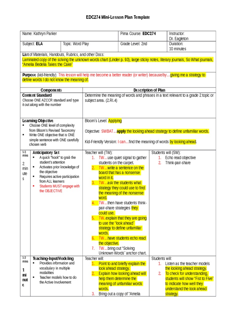 Edc274 Mini Lesson Plan Template 1 | PDF | Lesson Plan | Cognition