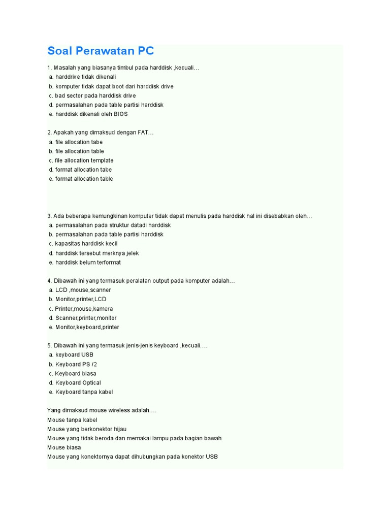 Soal Perawatan PC | PDF | Komputer | Teknologi & Rekayasa