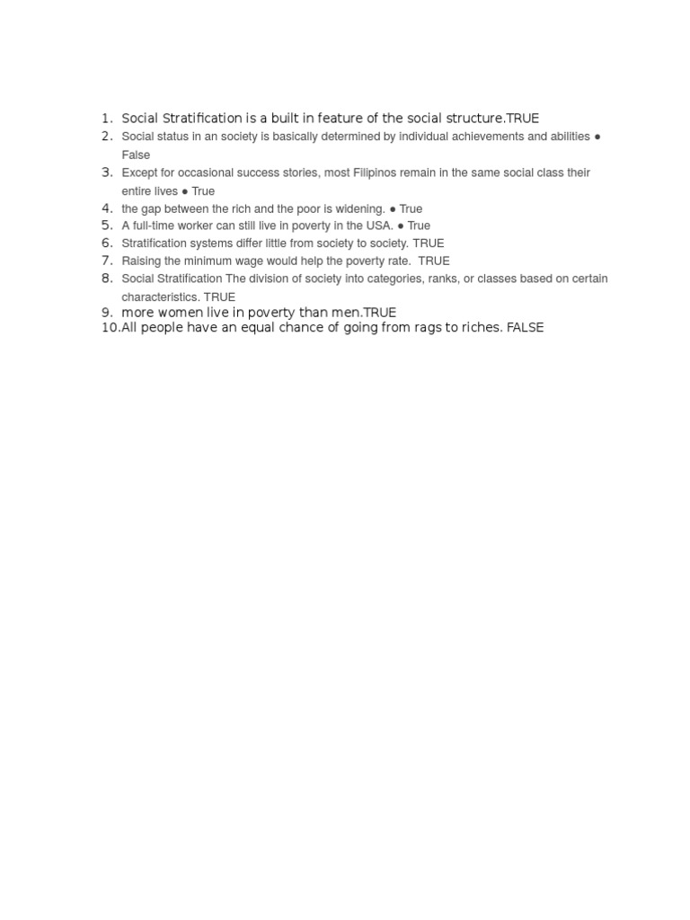 True or False - Social Stratification | PDF
