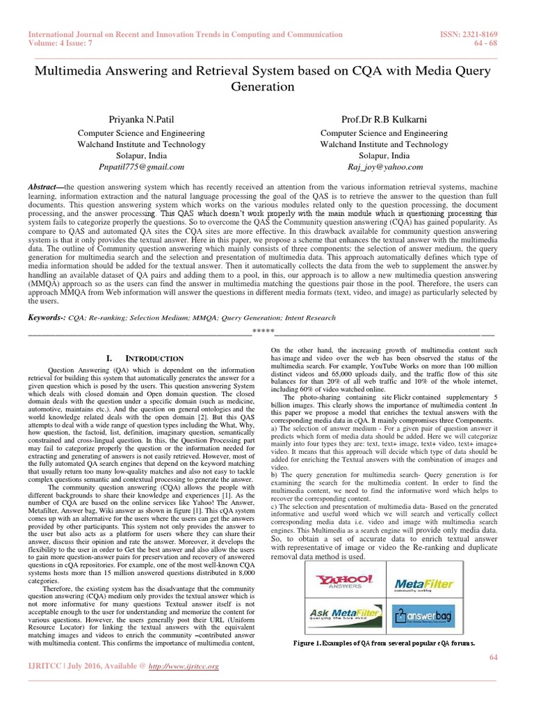 Multimedia Answering and Retrieval System Based On CQA With Media Query Generation | PDF ...