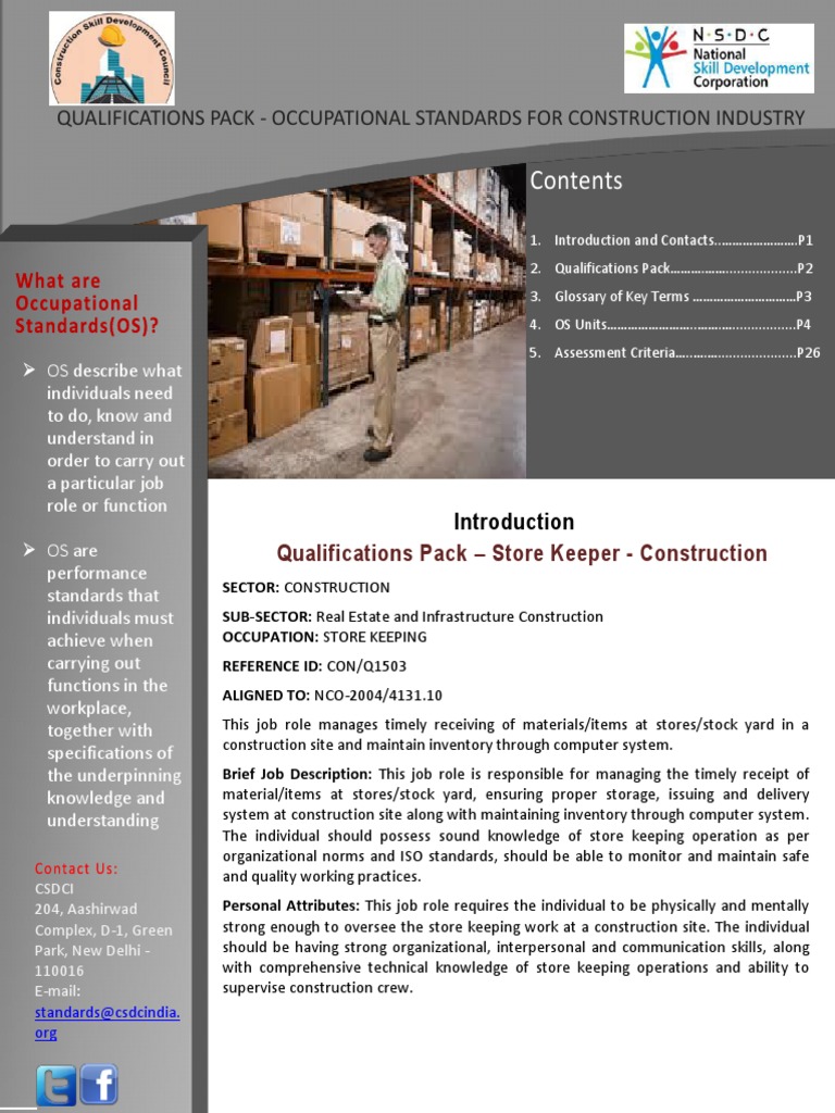 Qualifications Pack for Construction Industry Store Keeper | PDF ...
