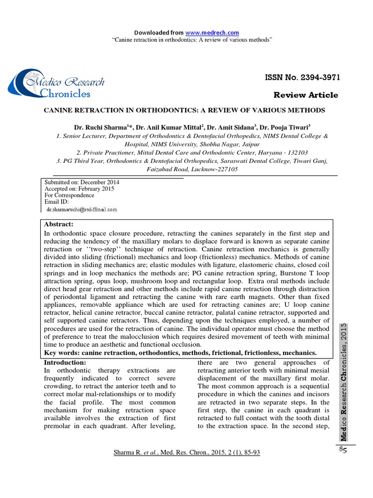 Canine Retraction Techniques in Orthodontics | PDF | Dentistry Branches ...