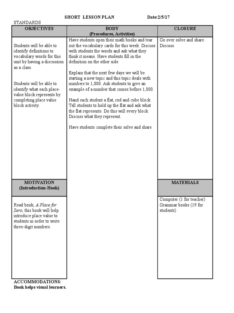 Short Lesson Plan Date:2/5/17 Objectives Body (Procedures, Activities ...