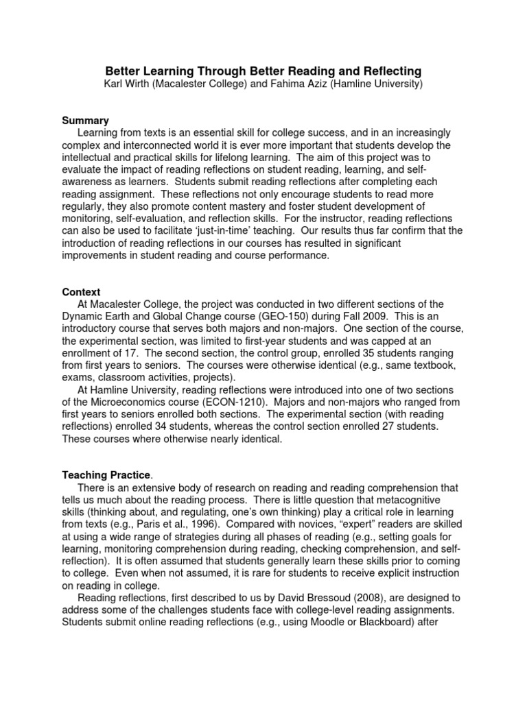 Improving Student Learning Outcomes Through Reading Reflections ...