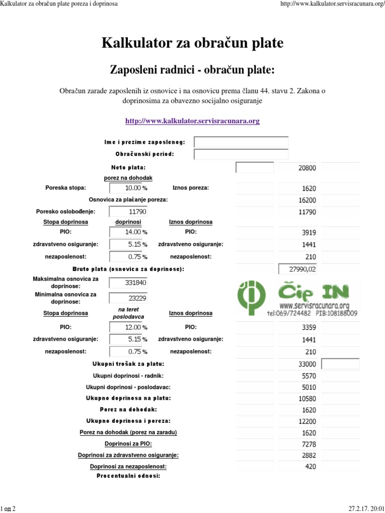 Kalkulator Za Obračun Plate Poreza i Doprinosa