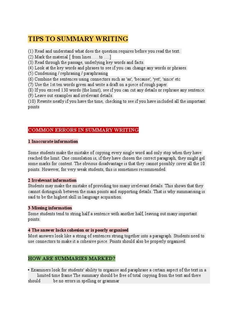 Tips To Summary Writing | PDF | Grammatical Tense | Sentence (Linguistics)