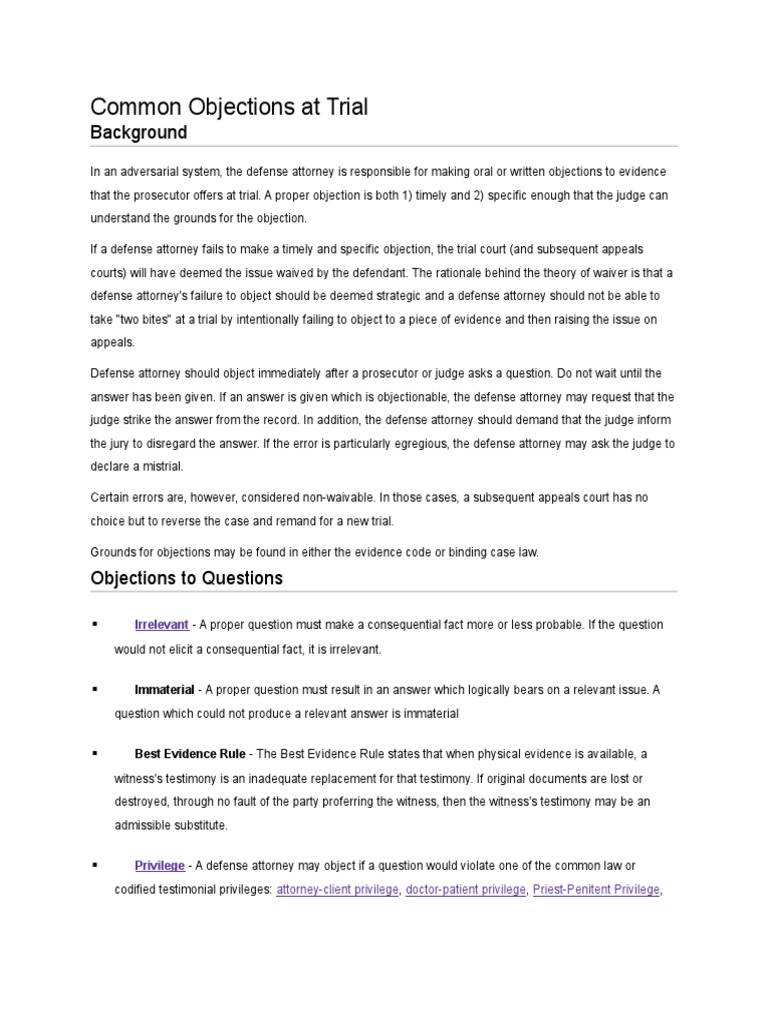 Common Objections at Trial | PDF | Testimony | Witness