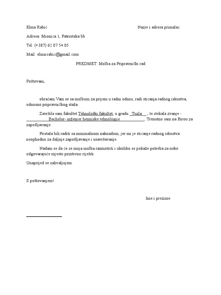 Molba Za Pripravnički Staž | PDF