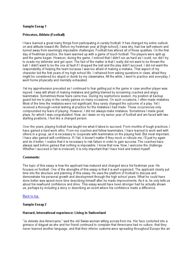 Sample Essay 1 Princeton, Athlete (Football) : Back To Top | PDF ...