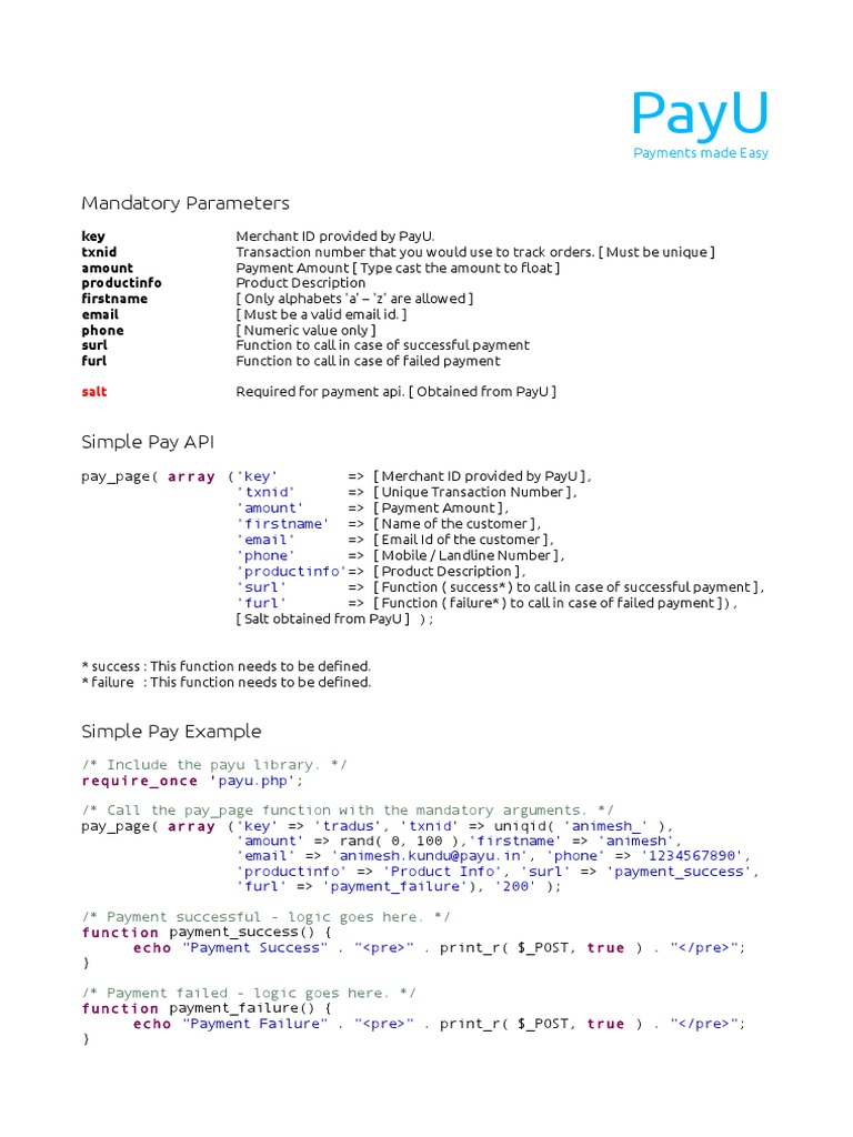 Mandatory Parameters: Key Txnid Amount Productinfo Firstname Email Phone Surl Furl | PDF
