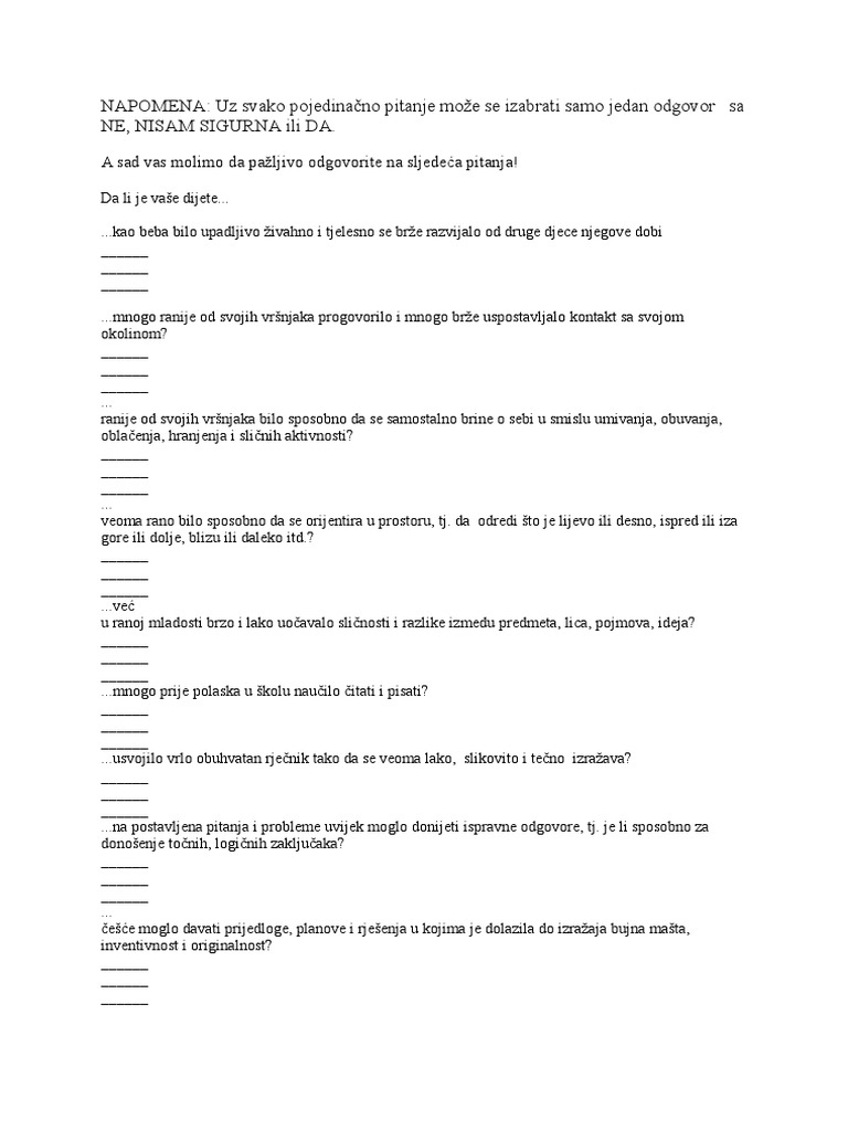 Upitnik Za Roditelje | PDF