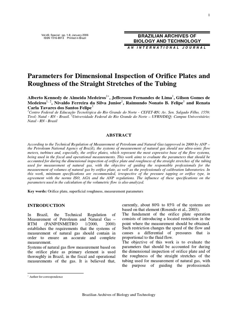 Parameters For Dimensional Inspection of Orifice Plates and Roughness ...